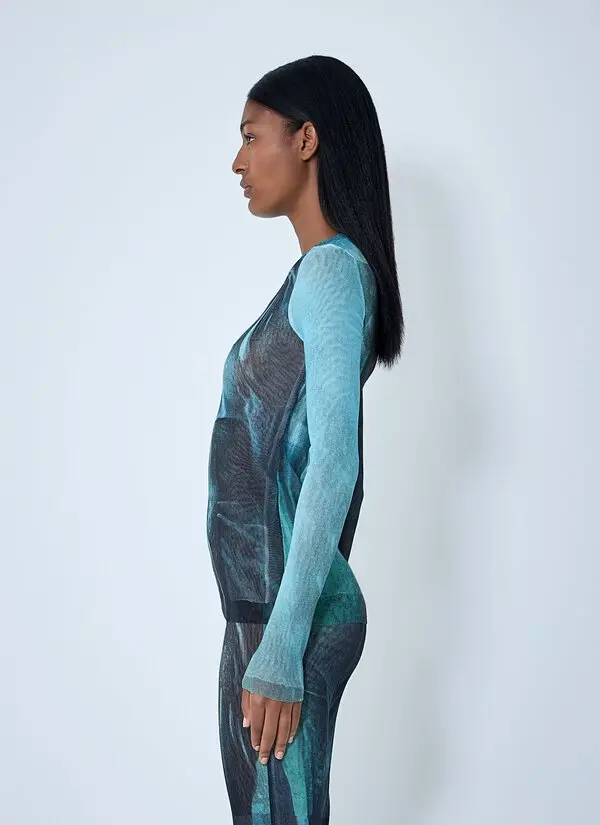 JEAN PAUL GAULTIER Water Print Mesh Long Sleeve Top - Blue