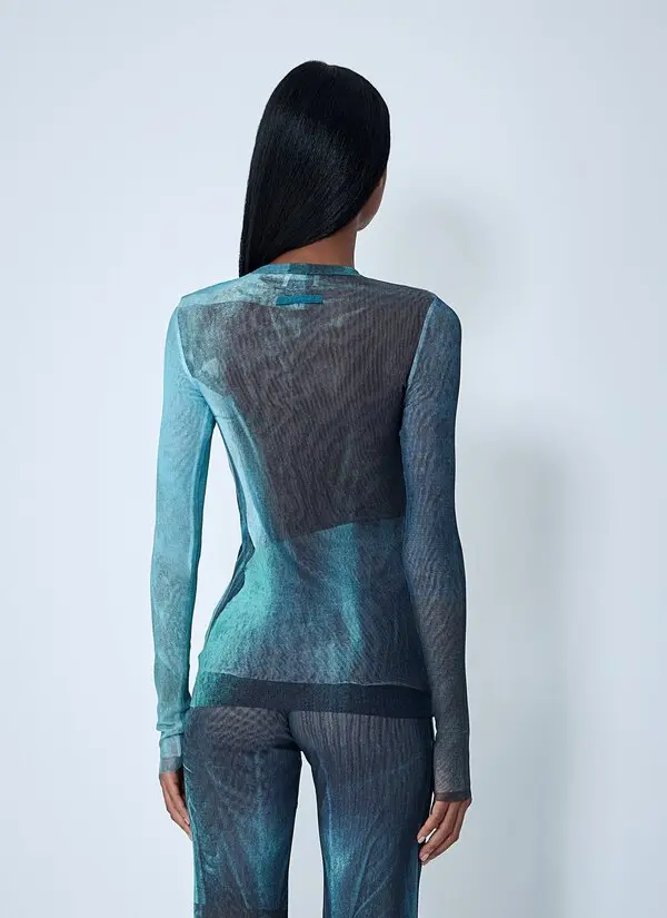 JEAN PAUL GAULTIER Water Print Mesh Long Sleeve Top - Blue