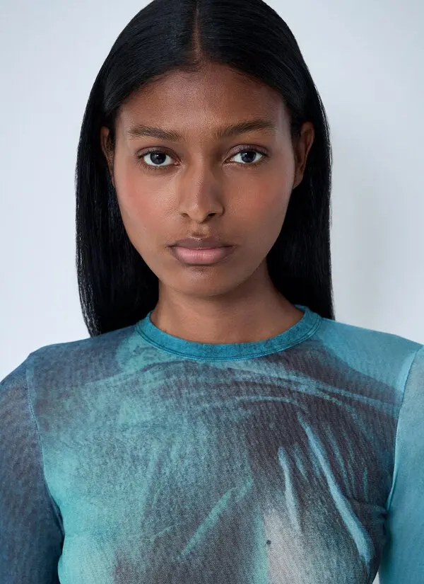 JEAN PAUL GAULTIER Water Print Mesh Long Sleeve Top - Blue