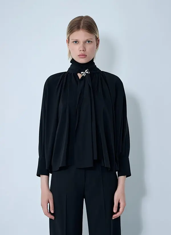 Max Mara Silk Blouse With V-neck And Self-tie - Black