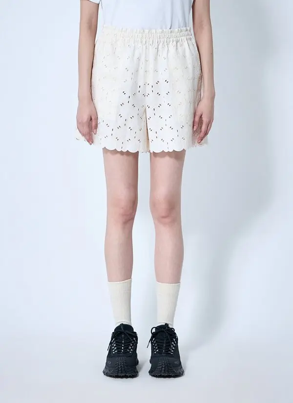 Moncler Logo Patch Cotton Blend Shorts - Cream