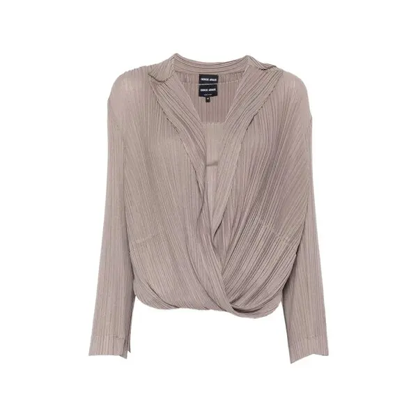 Giorgio Armani Brown Pleated Asymmetrical Fastening Long Sleeve Cropped Top