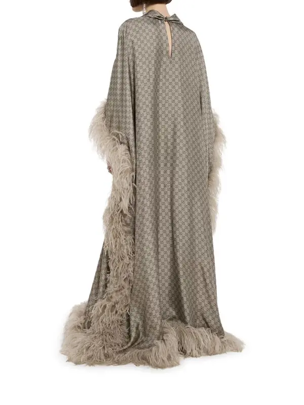 Gucci Long Printed Silk Twill Dress With Feather Trim