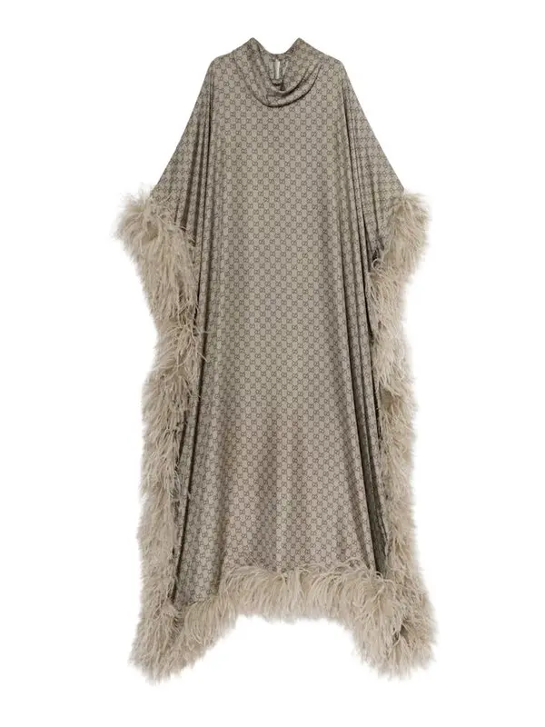Gucci Long Printed Silk Twill Dress With Feather Trim - Brown