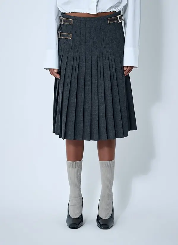 Prada Pleated Wool Skirt With Leather Belt