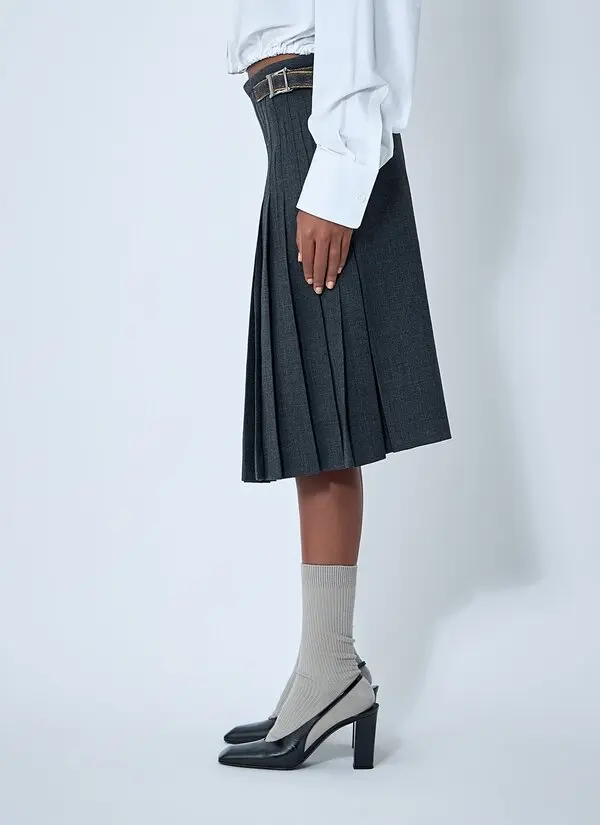 Prada Pleated Wool Skirt With Leather Belt