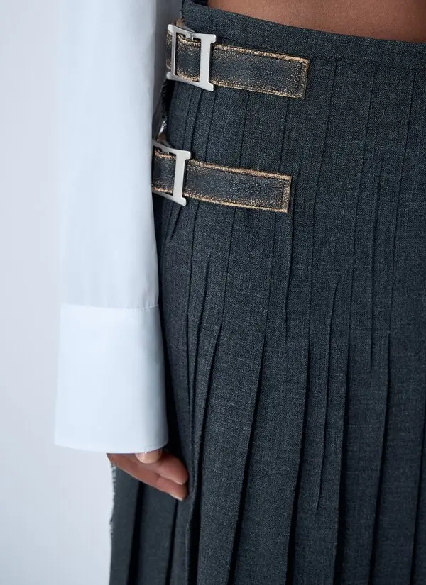 Prada Pleated Wool Skirt With Leather Belt