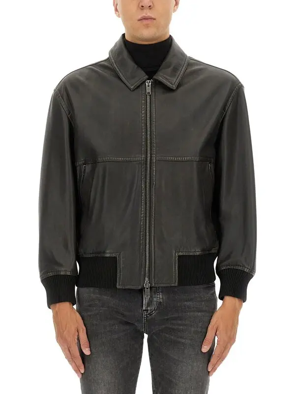 BOSS Leather Bomber Jacket - Brown