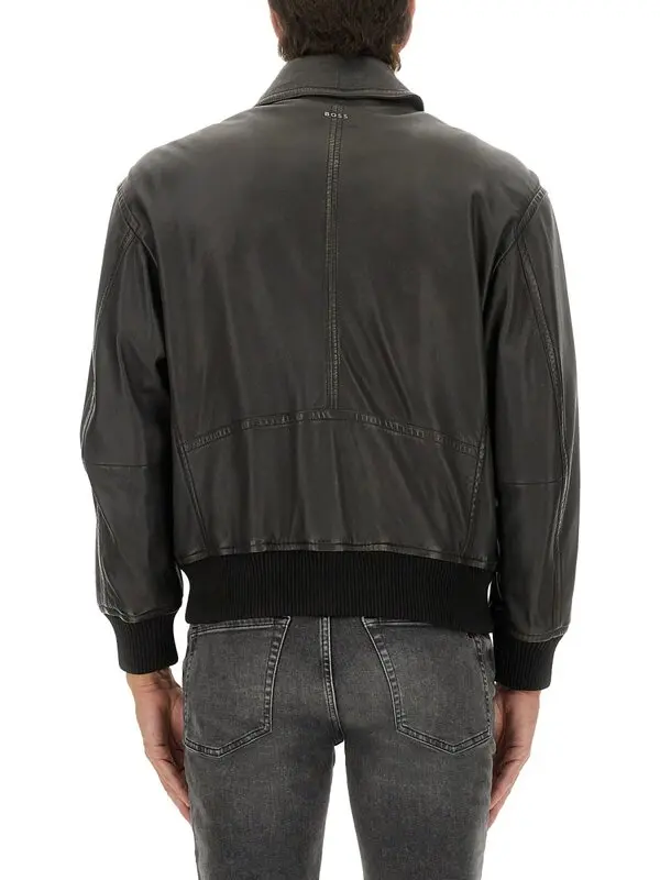 BOSS Leather Bomber Jacket - Brown