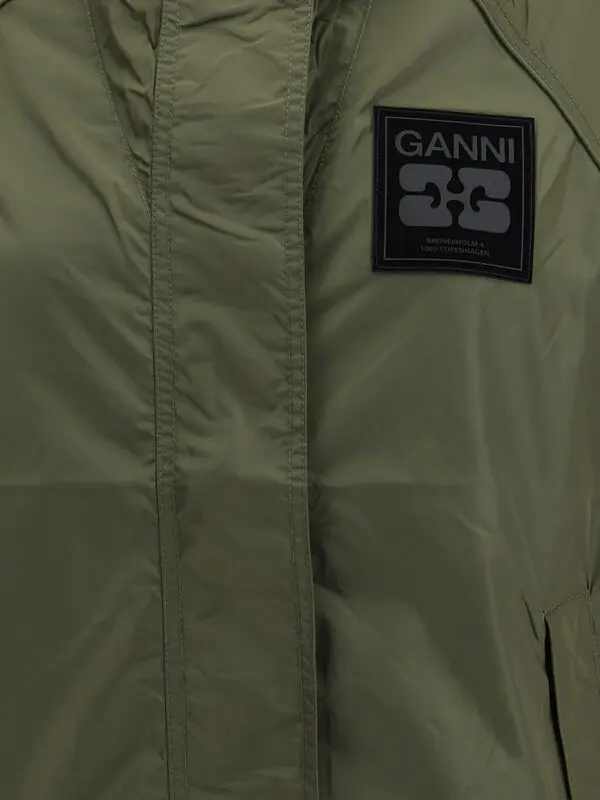GANNI Waterproof Hooded Jacket With Logo Patch - Green
