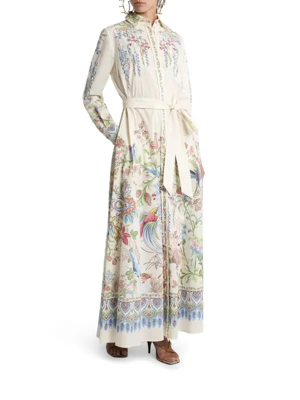 Etro Long Cotton Shirtdress With Floral Print And Belt - Multicolor