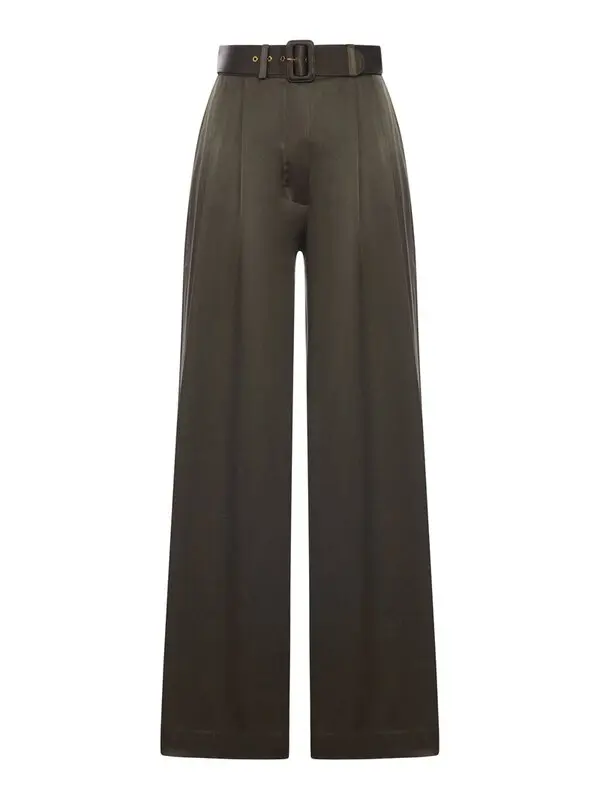 Zimmermann Wide Leg Silk Trousers With Belt - Green