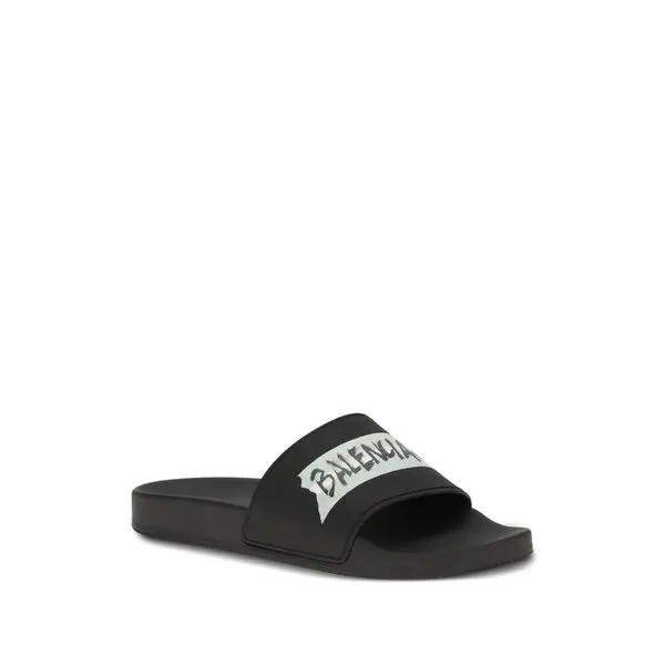 Balenciaga Logo Print Slip-on Flat Sandals - Black