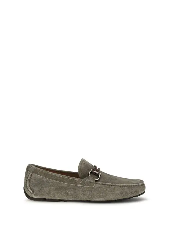 FERRAGAMO Suede Loafers With Gancini Plaque - Gray