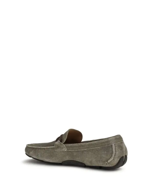 FERRAGAMO Suede Loafers With Gancini Plaque - Gray