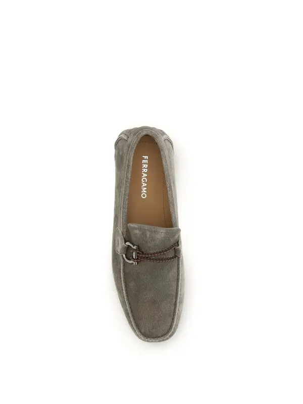 FERRAGAMO Suede Loafers With Gancini Plaque - Gray