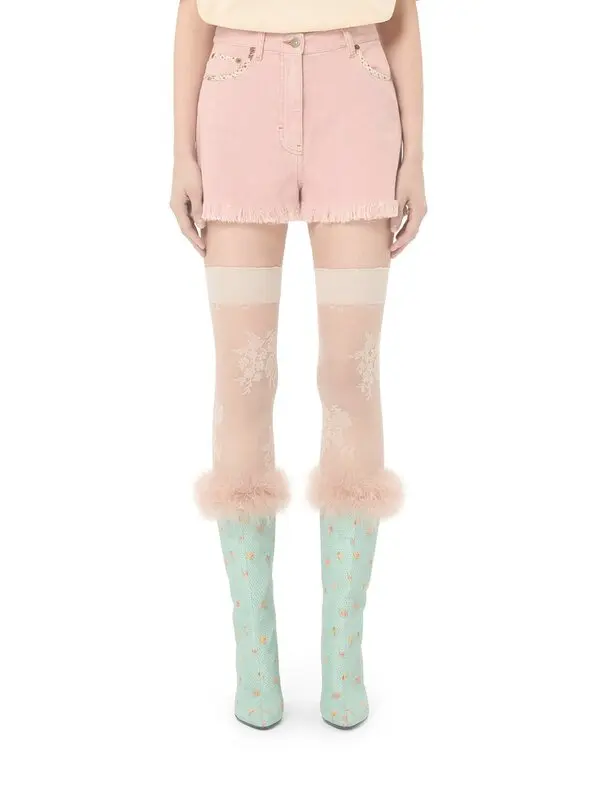 Valentino Garavani Cotton Denim Shorts With Fringed Hem - Pink