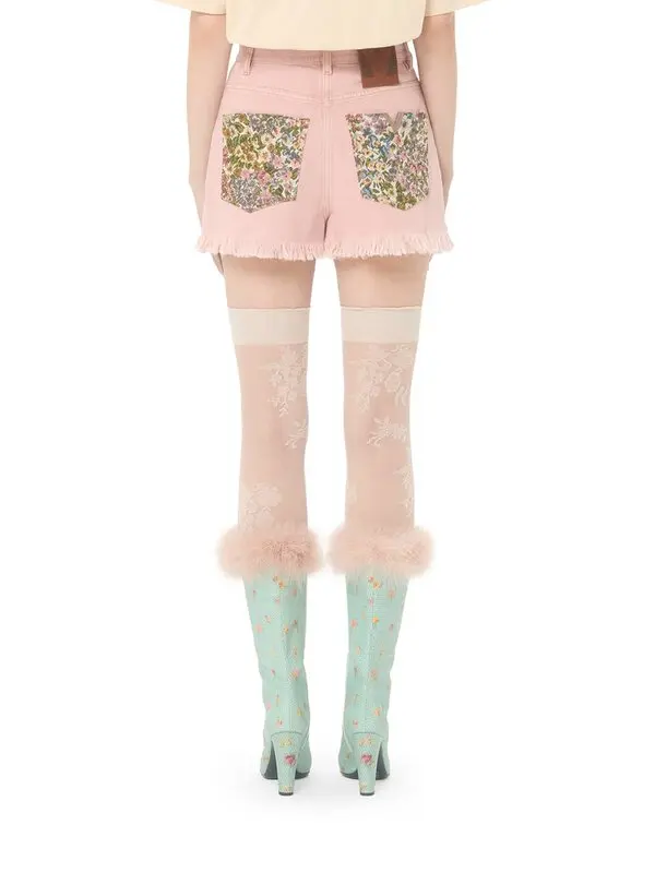 Valentino Garavani Cotton Denim Shorts With Fringed Hem - Pink