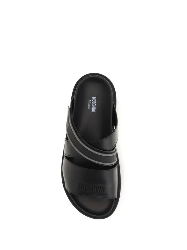 Moschino Flat Leather Sandals With Embossed Logo