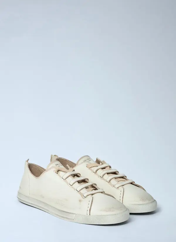 Prada Distressed Leather Lace-up Sneakers - White