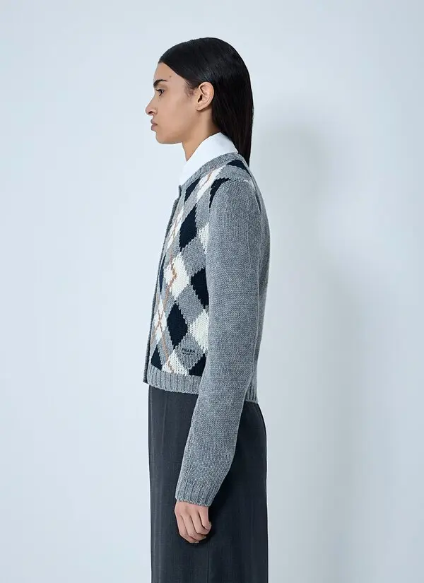 Prada Argyle Cashmere Crewneck Cardigan