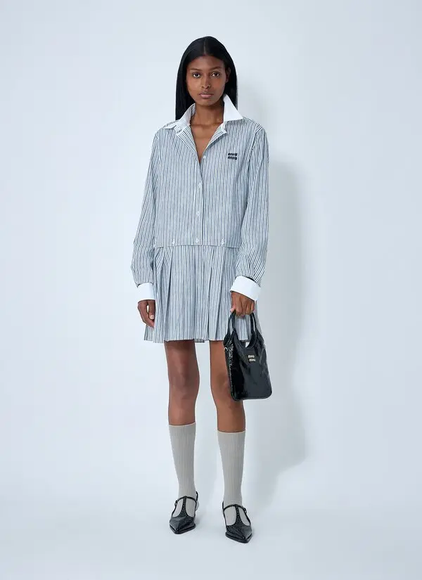 Miu Miu Striped Pleated Cotton Poplin Dress