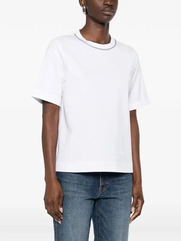 Brunello Cucinelli White Cotton T-shirt With Embellished Neckline