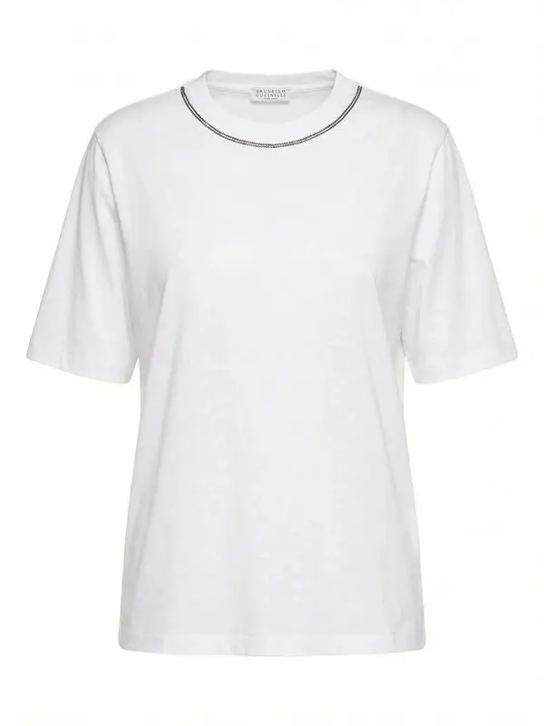 Brunello Cucinelli White Cotton T-shirt With Embellished Neckline - Multicolor