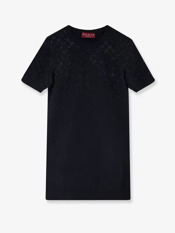 Gucci Short Sleeve Wool Dress With Gg Crystals - Multicolor