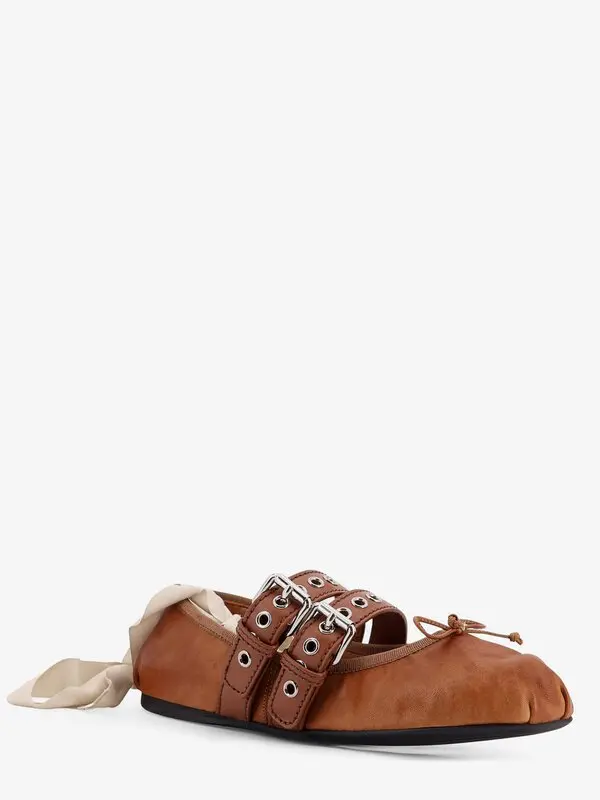 Miu Miu Leather Ballerinas With Buckled Straps And Ribbon Fastening - Multicolor