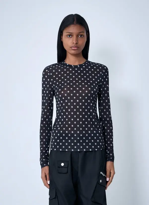 GANNI Printed Sheer Mesh Crewneck Long Sleeve Top - Black