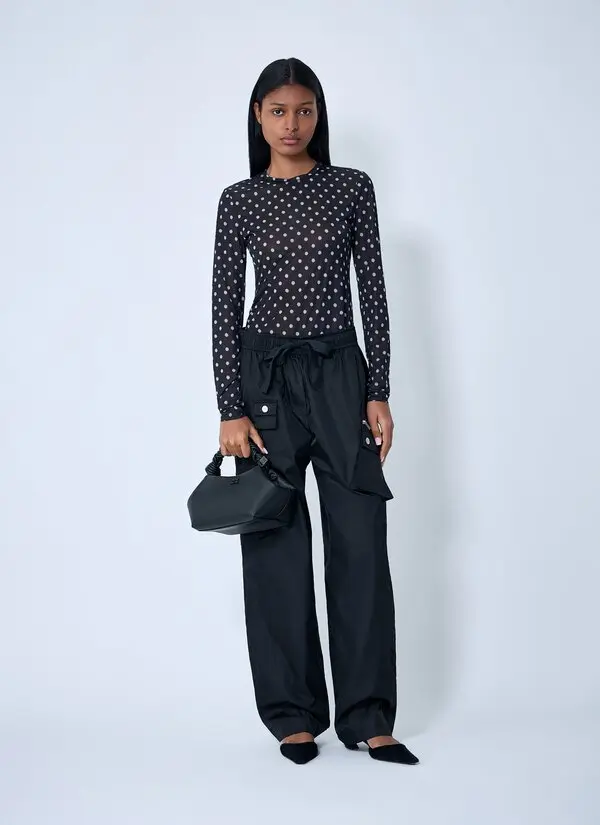 GANNI Printed Sheer Mesh Crewneck Long Sleeve Top - Black