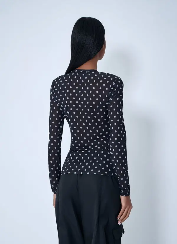 GANNI Printed Sheer Mesh Crewneck Long Sleeve Top - Black