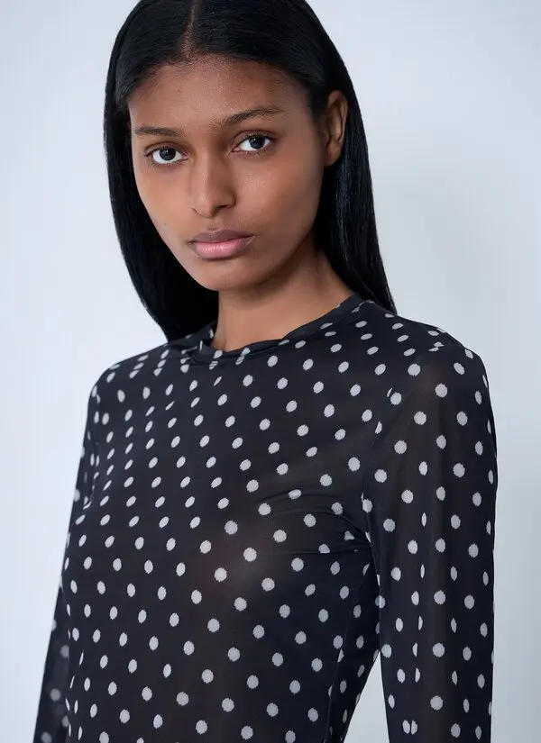 GANNI Printed Sheer Mesh Crewneck Long Sleeve Top - Black