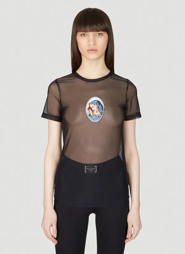 Dolce & Gabbana Sheer Mesh T-shirt With Embellished Patch - Black