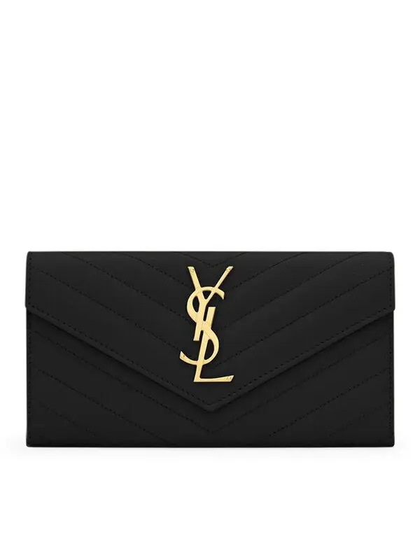 Saint Laurent Large Cassandre Matelassé Flap Wallet In Grain De Poudre Embossed Leather - Black