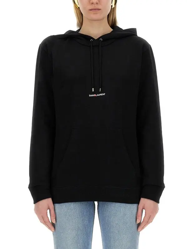 Saint Laurent Logo Print Cotton Hoodie - Black