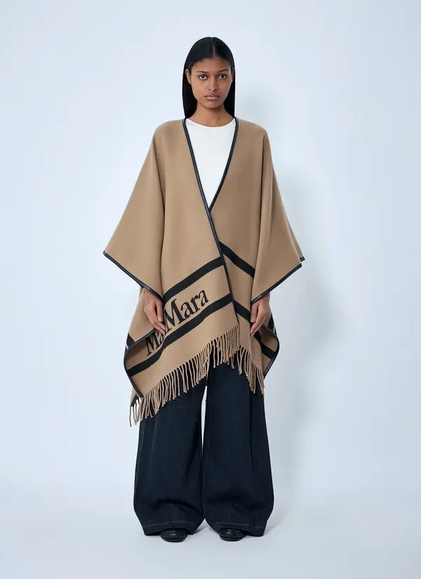 Max Mara Logo Motif Wool Knit Poncho With Fringe Hem - Multicolor