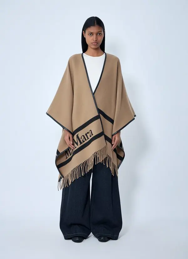 Max Mara Logo Motif Wool Knit Poncho With Fringe Hem - Multicolor