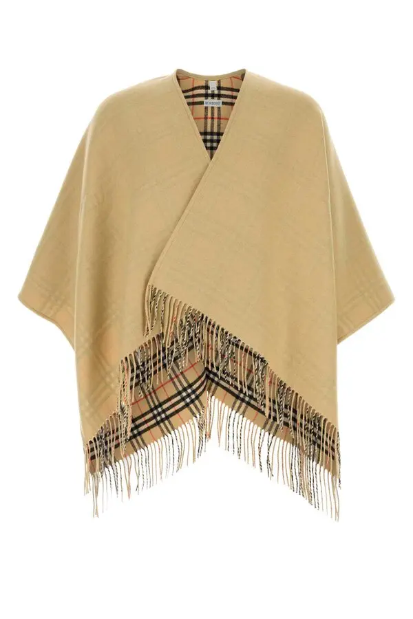 Burberry Reversible Wool Cape With Fringe - Brown