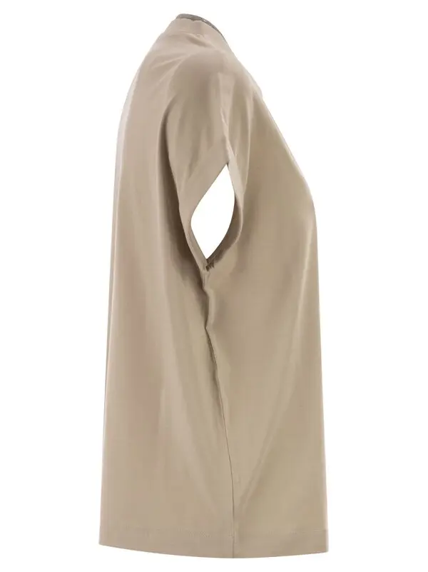 Brunello Cucinelli Stretch Cotton Jersey T-shirt With Embellished V-neckline