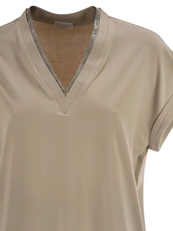 Brunello Cucinelli Stretch Cotton Jersey T-shirt With Embellished V-neckline