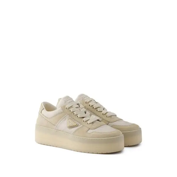 Prada Beige Suede And Recycled Polyamide Lace-up Sneakers