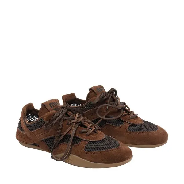 Miu Miu Suede Leather Lace-up Sneakers Made In Italy - Brown