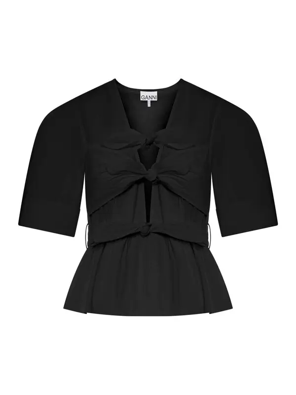 GANNI Stretch Cotton Puff Sleeve Tie Front Blouse