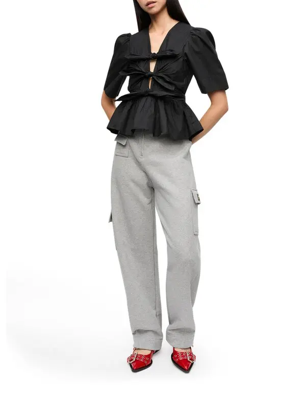 GANNI Stretch Cotton Puff Sleeve Tie Front Blouse
