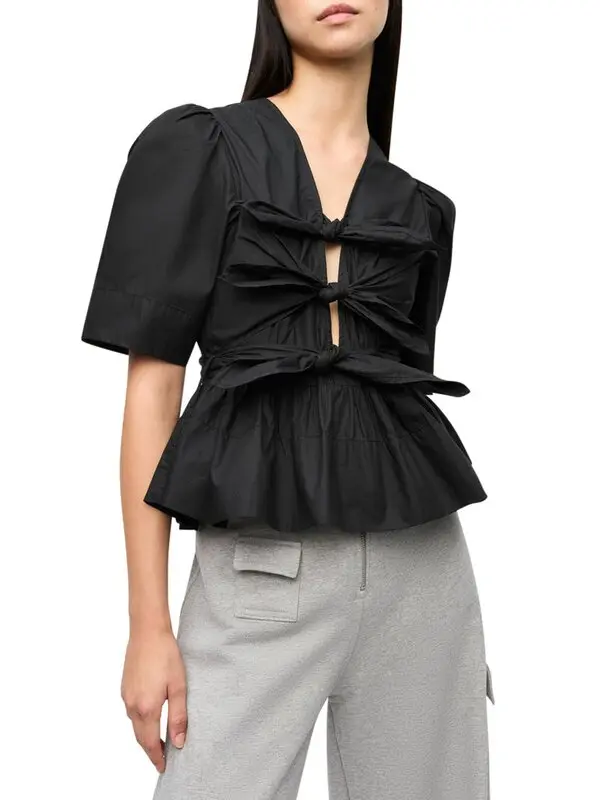 GANNI Stretch Cotton Puff Sleeve Tie Front Blouse
