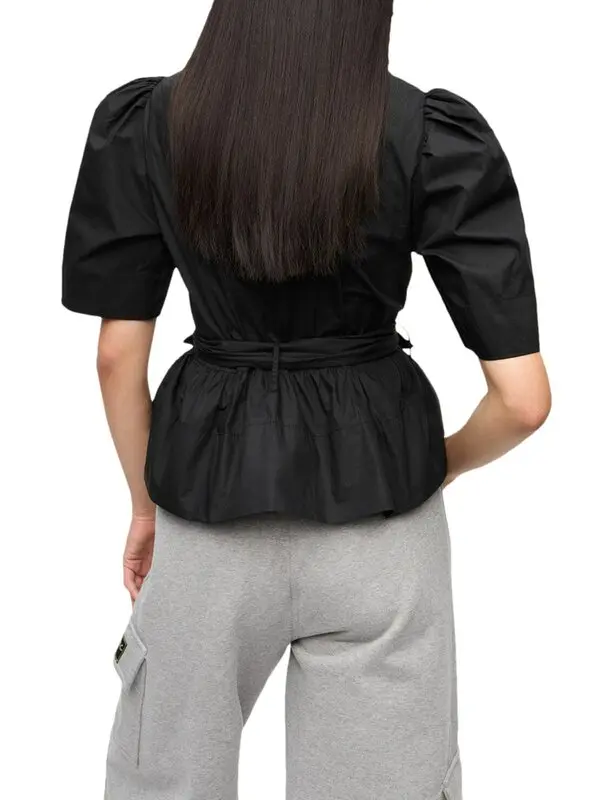 GANNI Stretch Cotton Puff Sleeve Tie Front Blouse