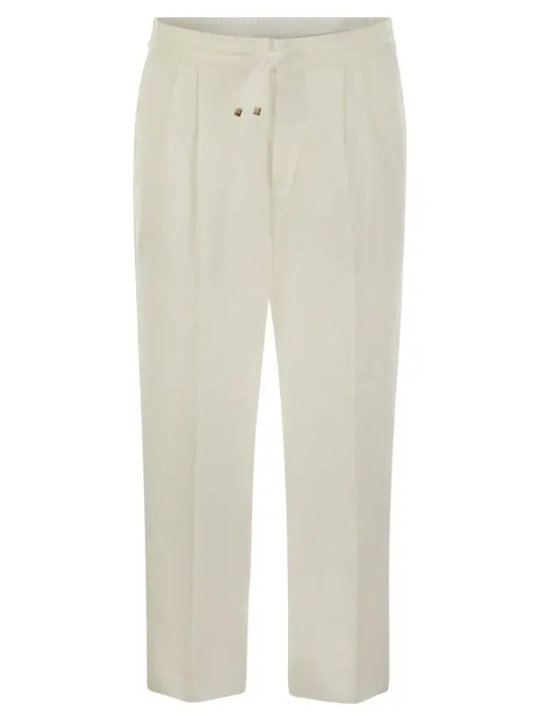 Brunello Cucinelli Linen And Cotton Gabardine Leisure Fit Trousers With Double Darts - Cream