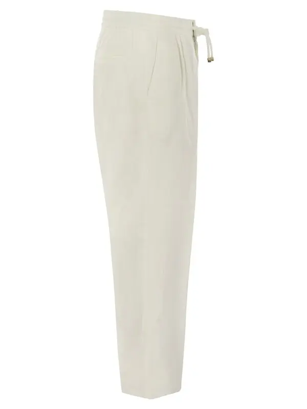 Brunello Cucinelli Linen And Cotton Gabardine Leisure Fit Trousers With Double Darts - Cream